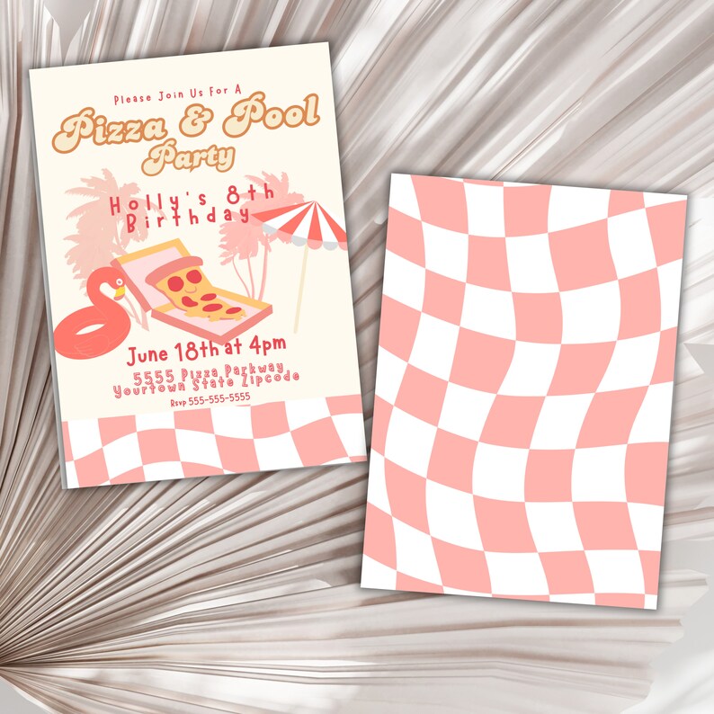 Editable Pizza Pool Party Invitation Retro Pink Swimming Retro Preppy ...