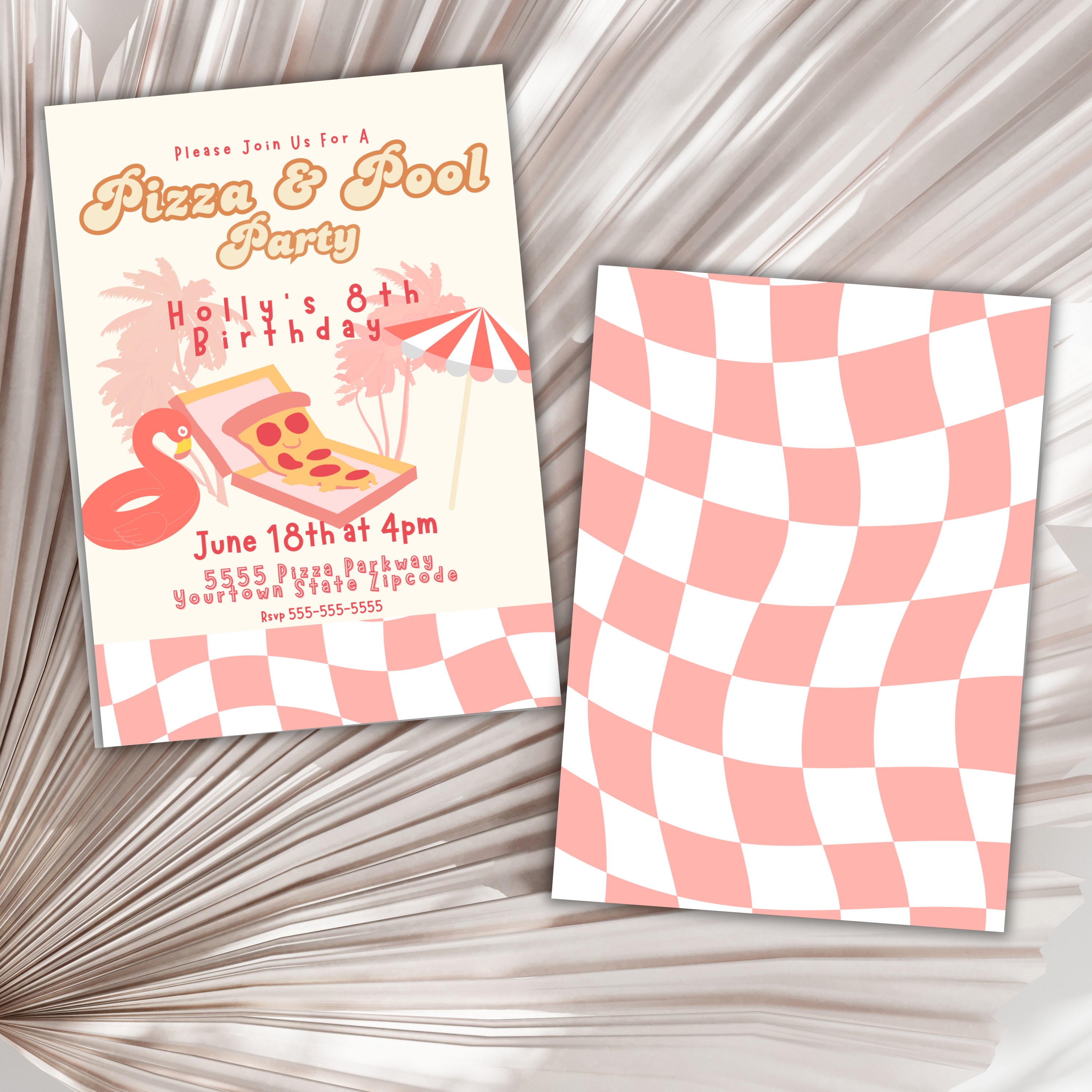 Editable Pizza Pool Party Invitation Retro Pink Swimming Retro Preppy ...