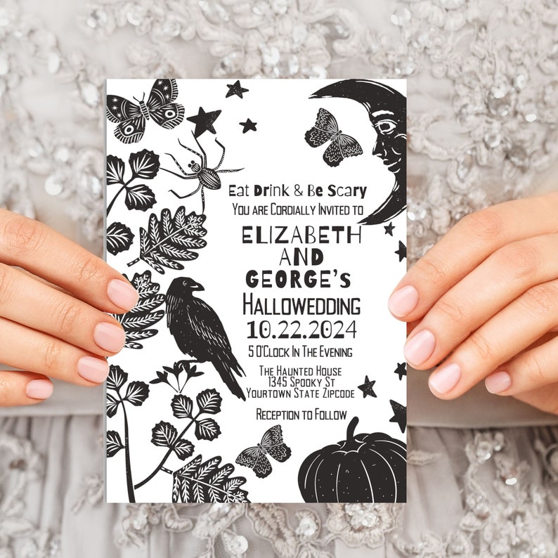 Editable Folk Halloween Wedding Rsvp Invite Hallowedding October Gothic ...