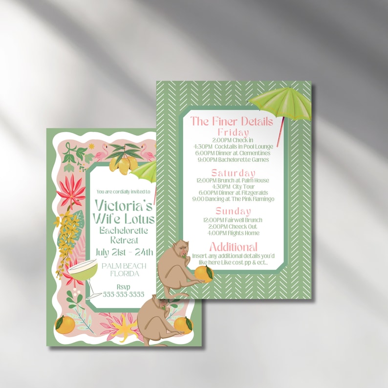 Editable Wife Lotus Bachelorette Resort Invite Beach Retro Flamingo ...