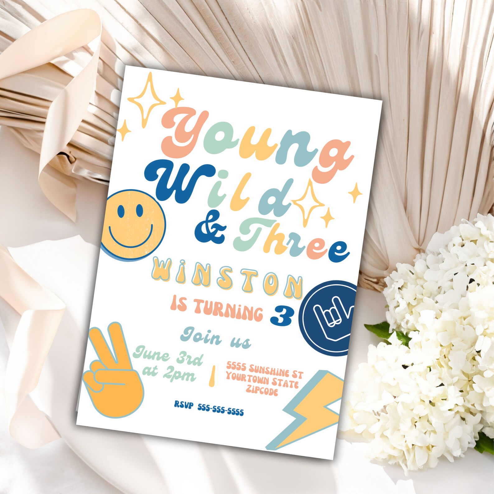 Editable Young Wild and Three Invitation retro Boys 3rd Birthday Wild ...