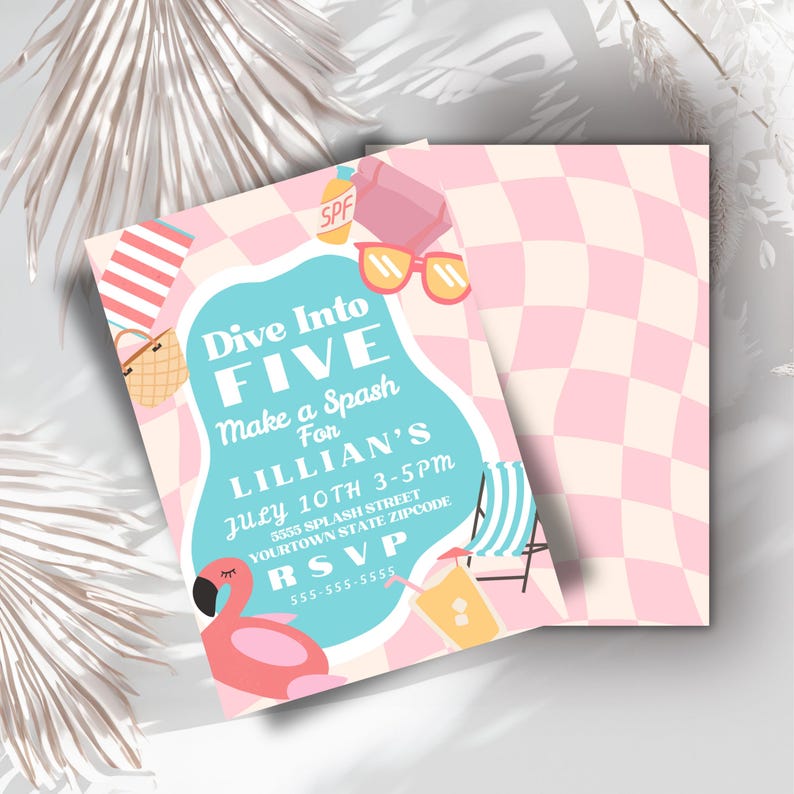 Editable Dive Into Five Invitation Flamingo Pool Party Cool 5th ...