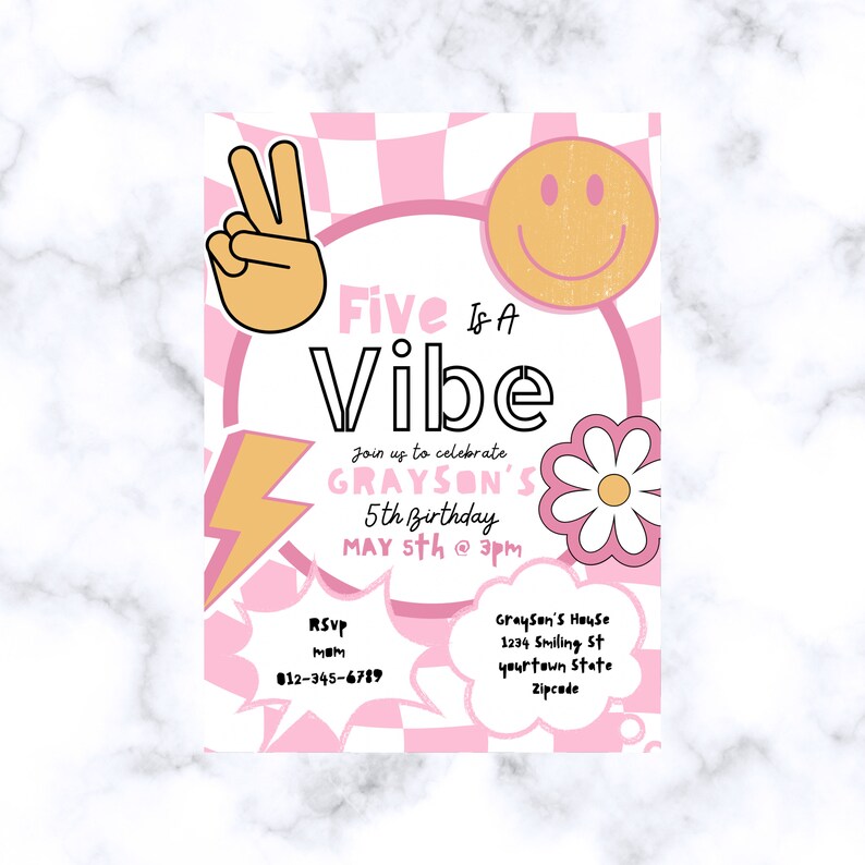 Editable Five a Vibe Invite Happy Face Cool Trendy 5th Birthday Party ...