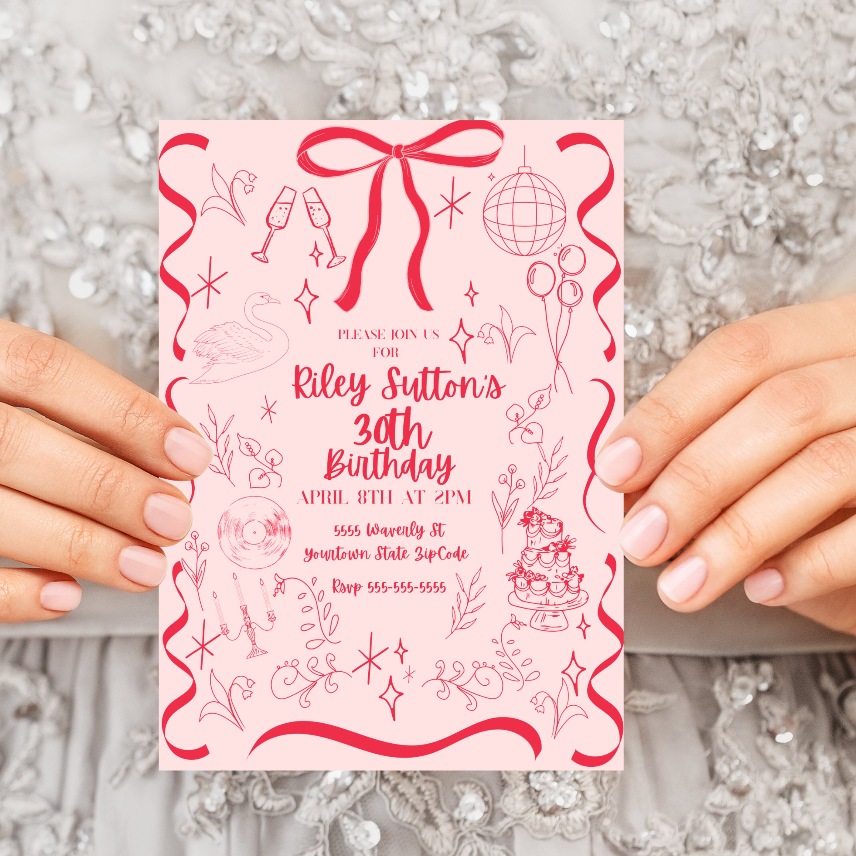 Editable Fancy Bow Disco Party Invites, Bow Garden Theme Party Coquette ...