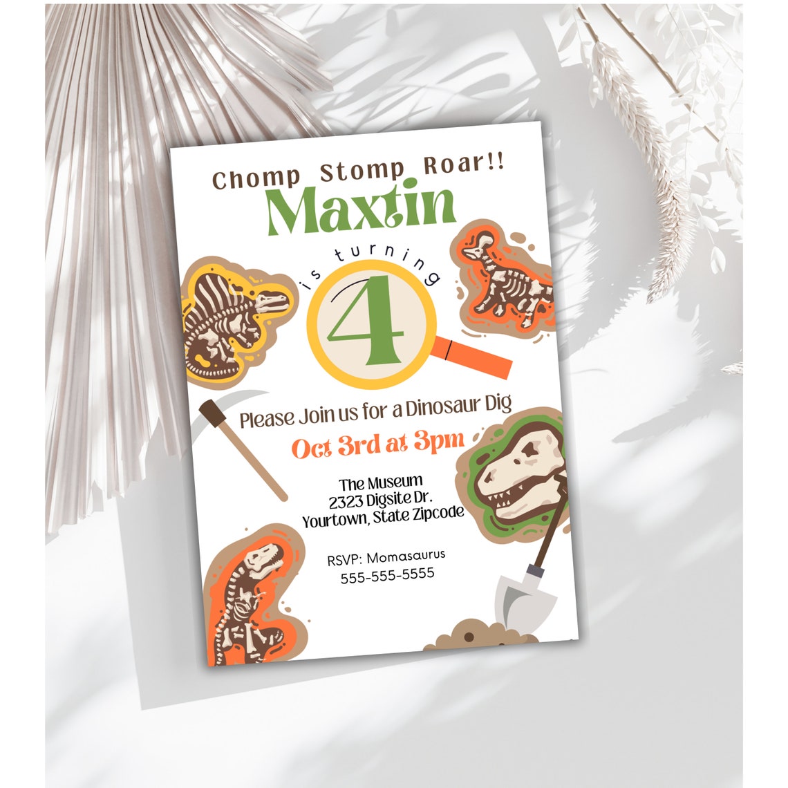 Editable Dinosaur Dig Party Birthday Invitation -dino Bones Excavation ...