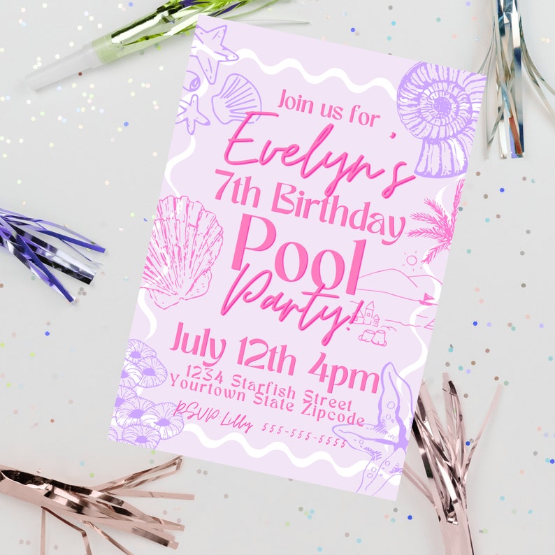 Editable Pool Party Invitation Retro Coastal Pink Swimming Retro Shell ...