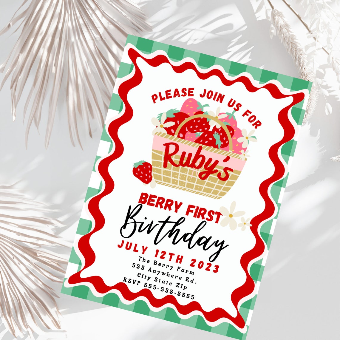 Editable Berry First Birthday Invites Strawberry Invitation , Retro ...