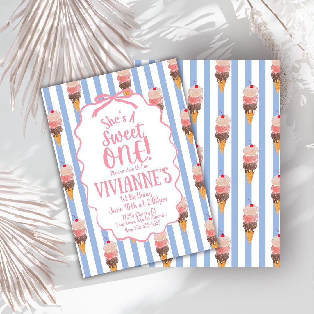Editable Sweet One Icecream Party Invitation 1st Birthday so Sweet ...