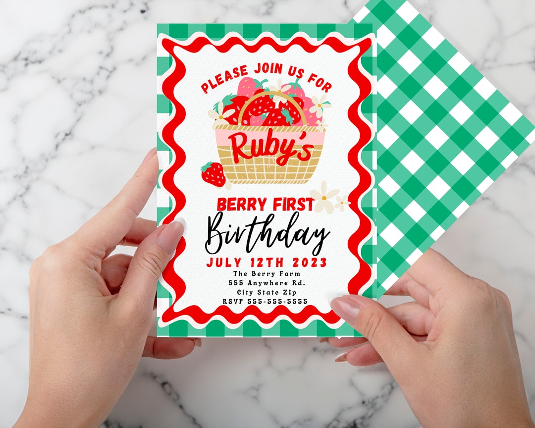 Editable Berry First Birthday Invites Strawberry Invitation , Retro ...