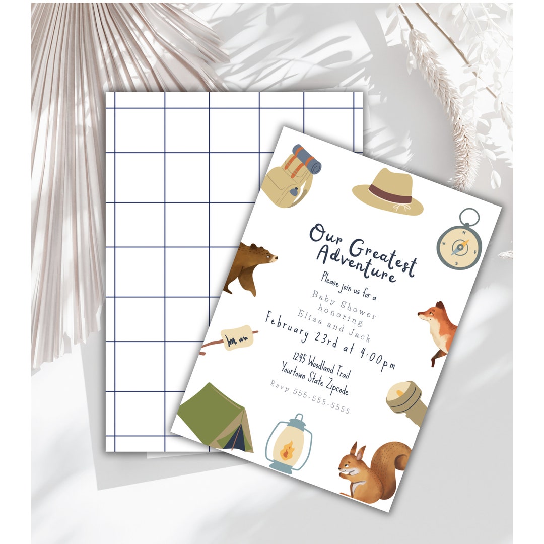 Editable Adventure Baby Shower Invite Our Greatest Adventure Camp Baby ...