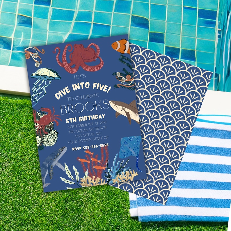 Dive Into Five Birthday Invitation: Ocean Sea Creature Party (digital ...