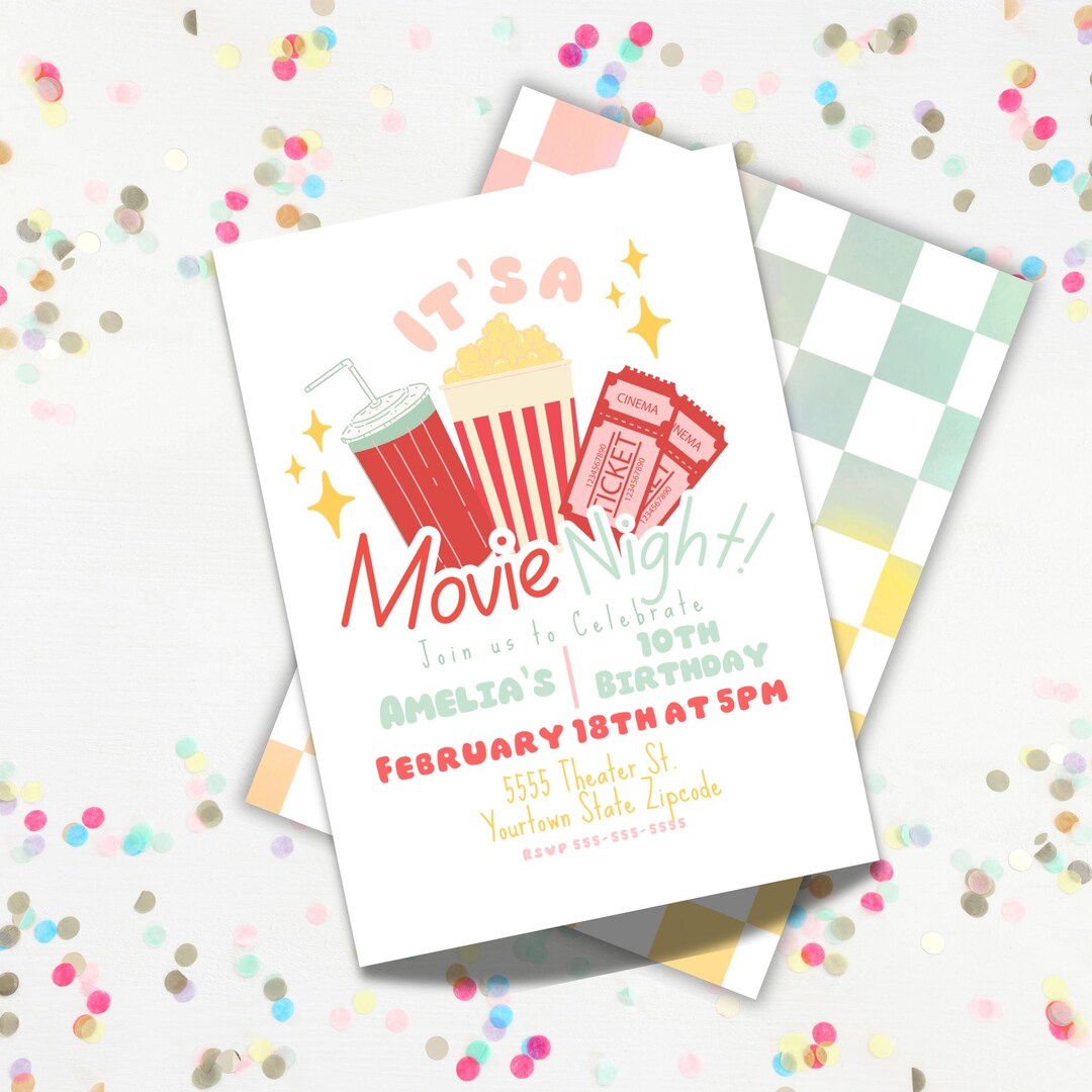 Editable Outdoor Movie Night Theme Party Invitation, Retro Movie Night ...