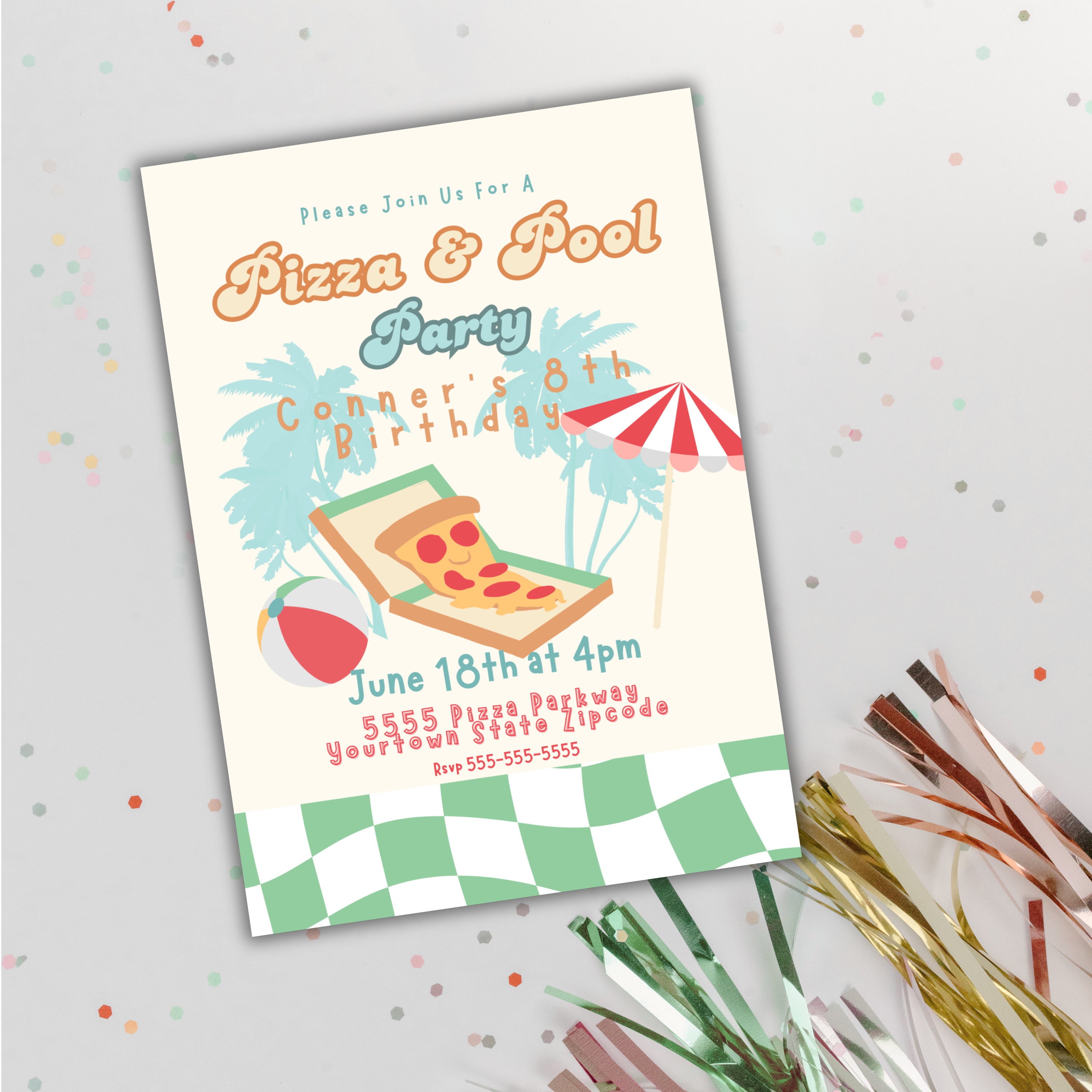 Editable Pizza Pool Party Invitation Retro Boys Swimming Retro Pizza ...