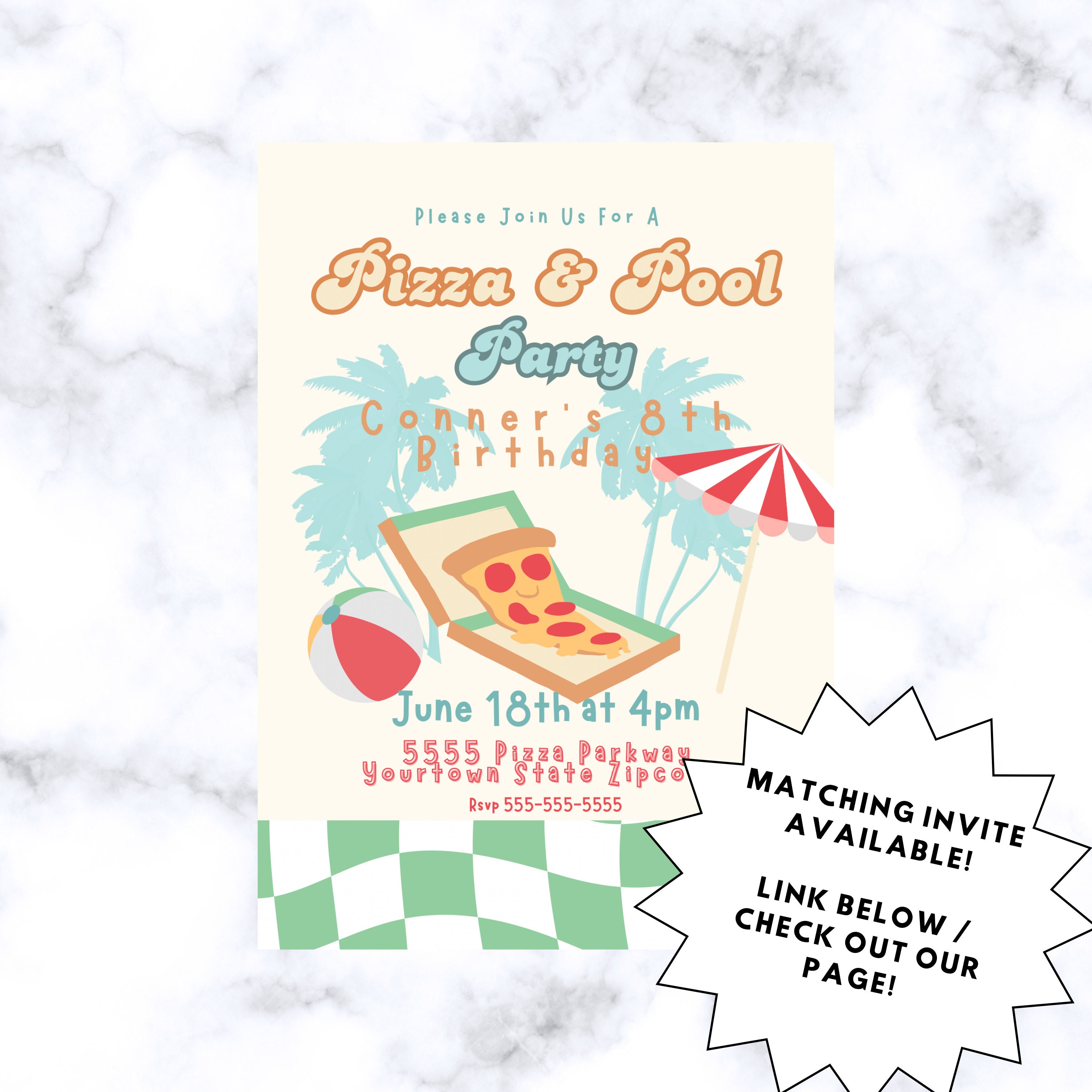 Editable Tag Pizza Pool Party Retro Birthday Favor Tag Thirteenth ...