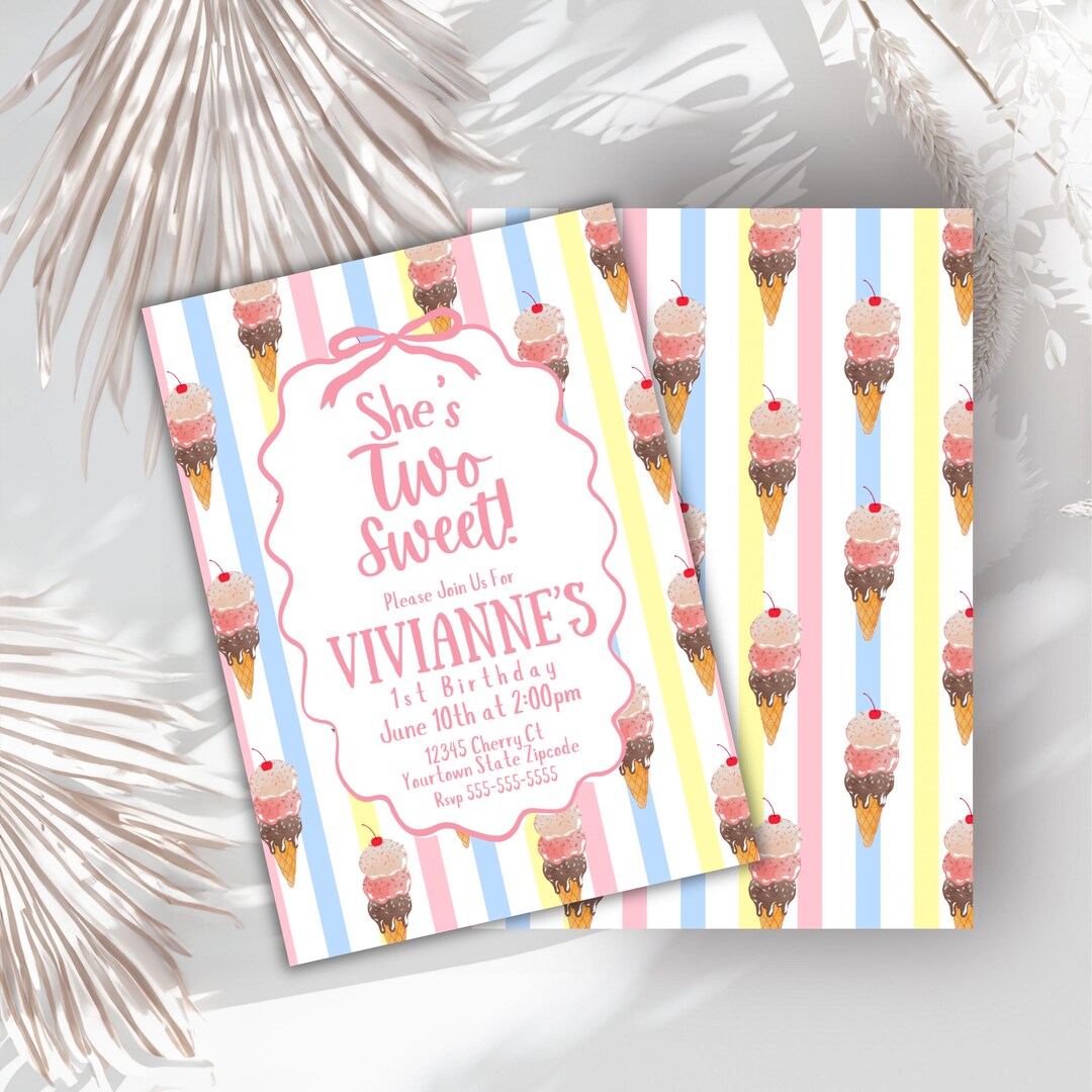 Editable Two Sweet Icecream Party Invitation 2nd Birthday so Sweet ...