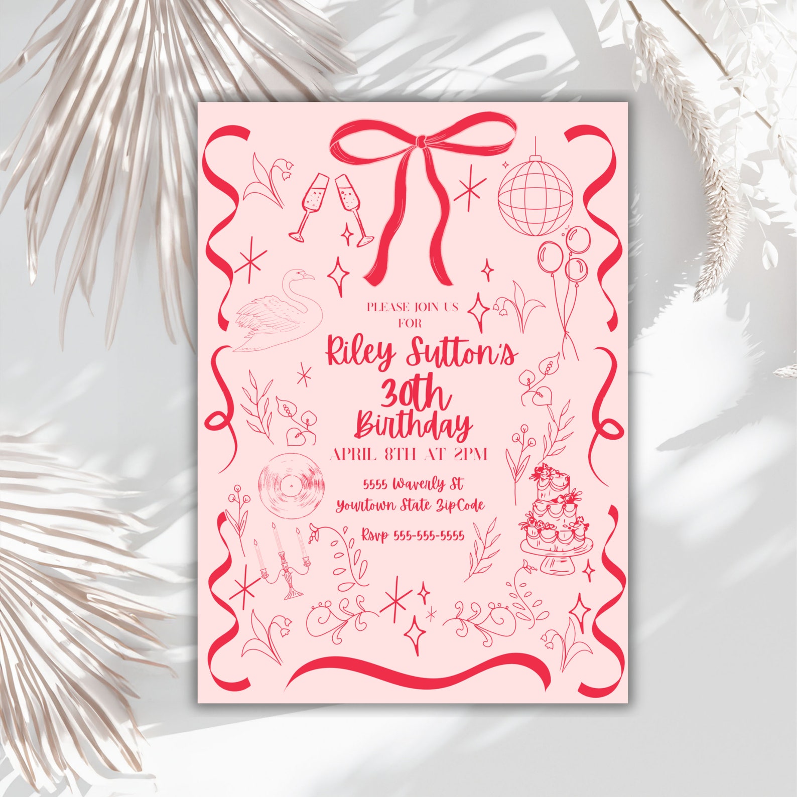 Editable Fancy Bow Disco Party Invites, Bow Garden Theme Party Coquette ...