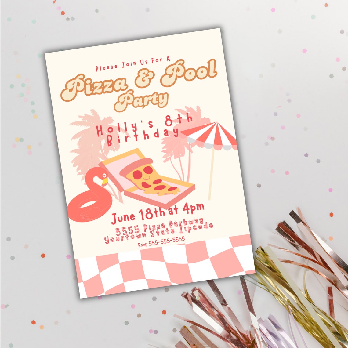 Editable Pizza Pool Party Invitation Retro Pink Swimming Retro Preppy ...