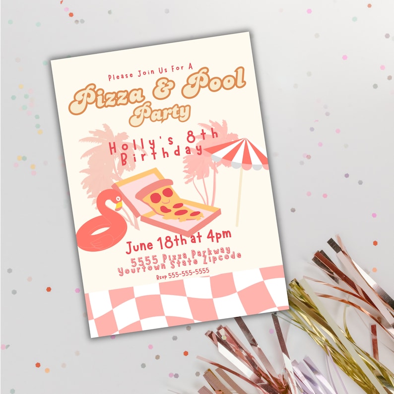 Retro Pizza Pool Party Invitation, Pink Birthday Splash (digital) - Etsy