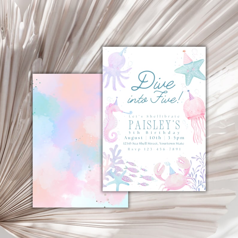 Editable Dive Into Five Invitation Pastel Beach Pool Party Girls 5th ...