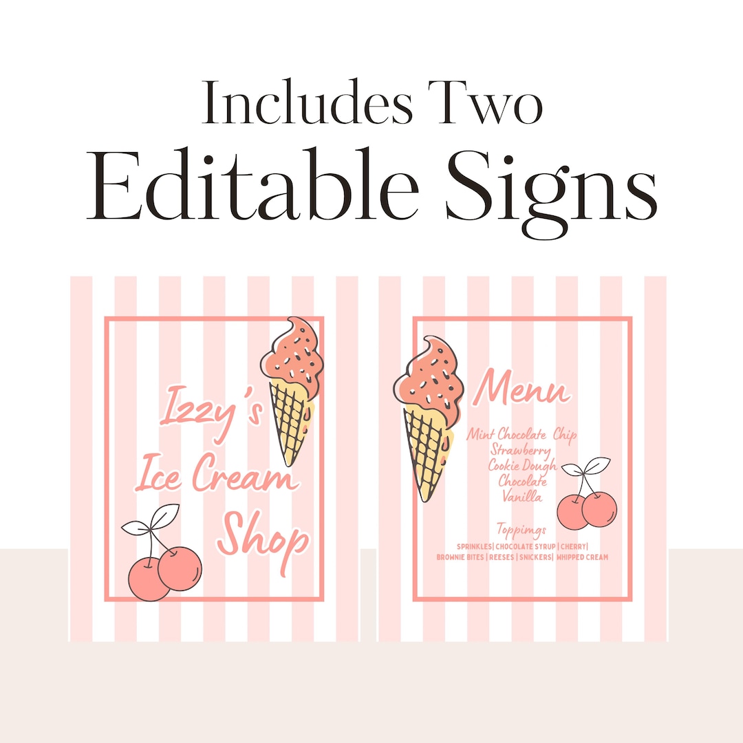 Editable Ice Cream Shop Sign Menu Baby Shower Icecream Stand Sundae ...