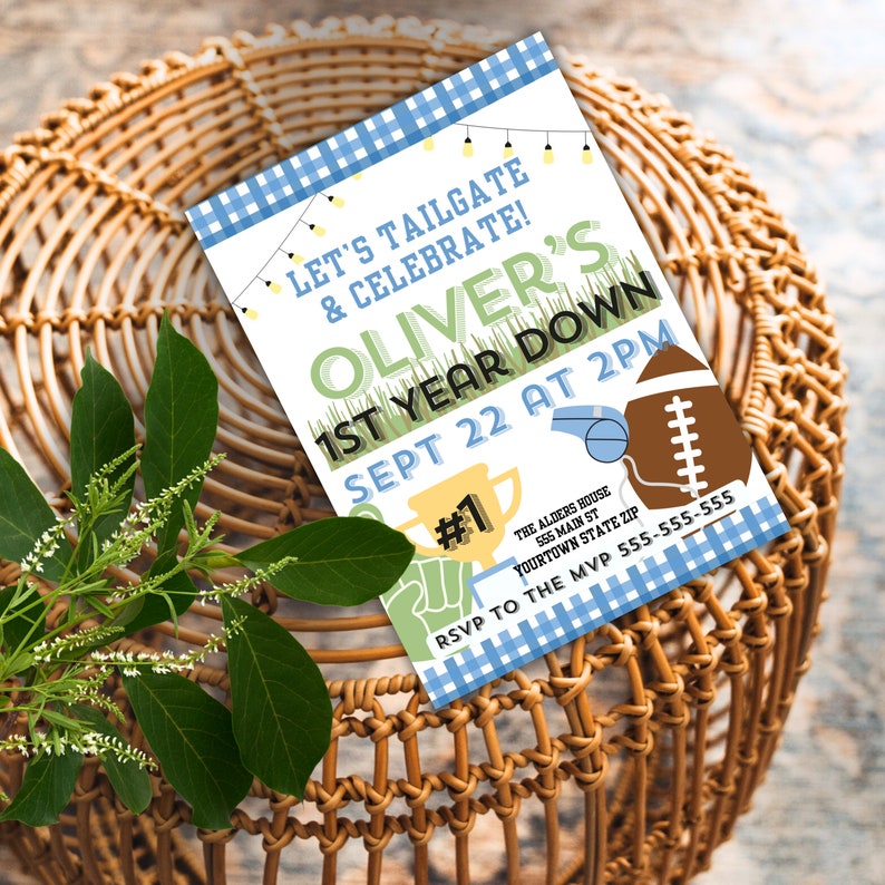 Football 1st Birthday Invitation – Gingham Tailgate Theme (printable ...