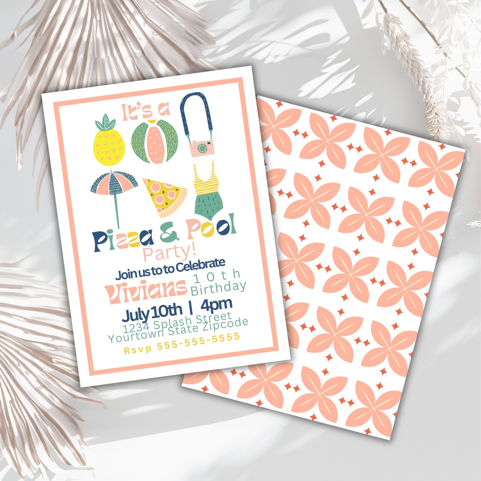 Editable Pizza Pool Party Invitation Retro Pink Swimming Retro Preppy ...