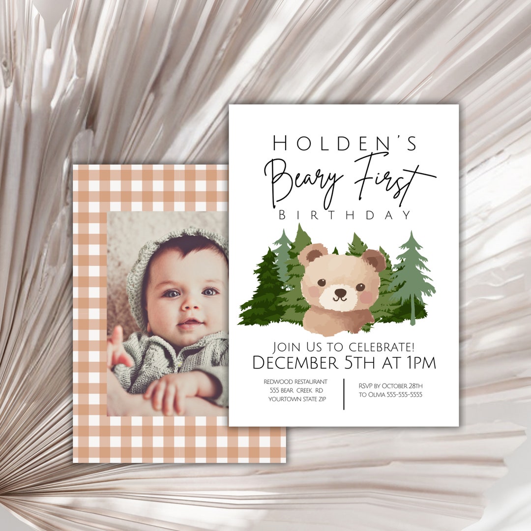 Editable Bear Theme First Birthday Theme , Beary First Photo Invite ...