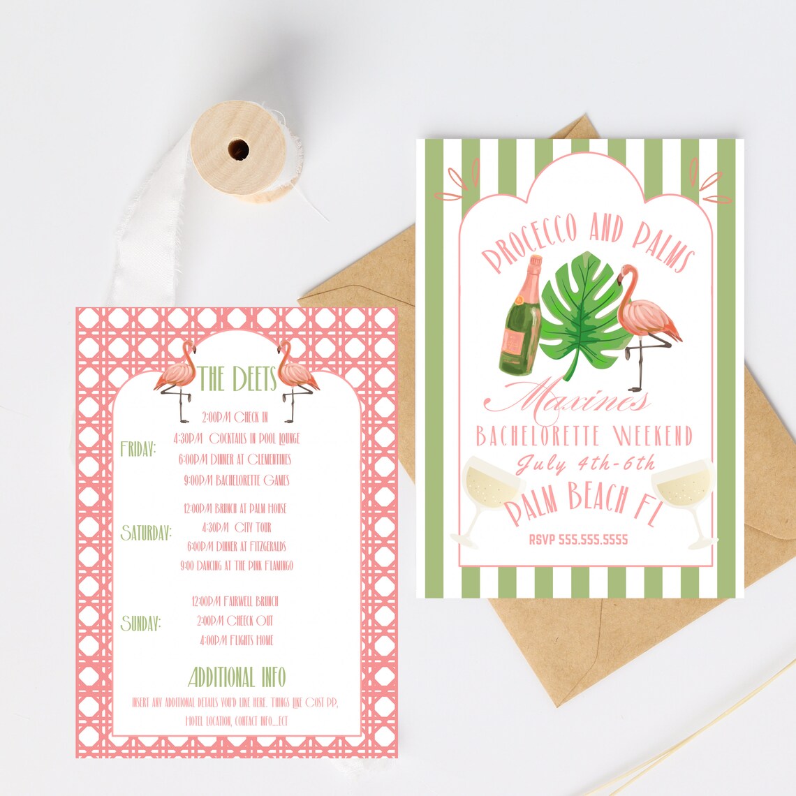 Editable Royale Palm Prosecco Beach Retro Bachelorette Invitation Set ...