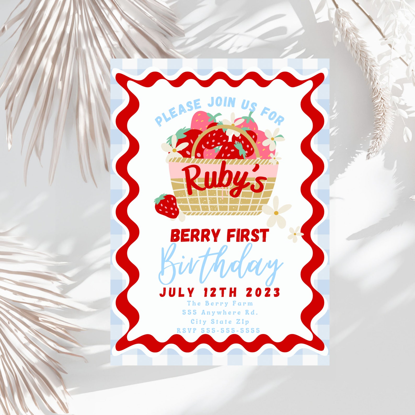 Editable Strawberry Birthday Invitation , Retro Wavy Berry Invitation ...