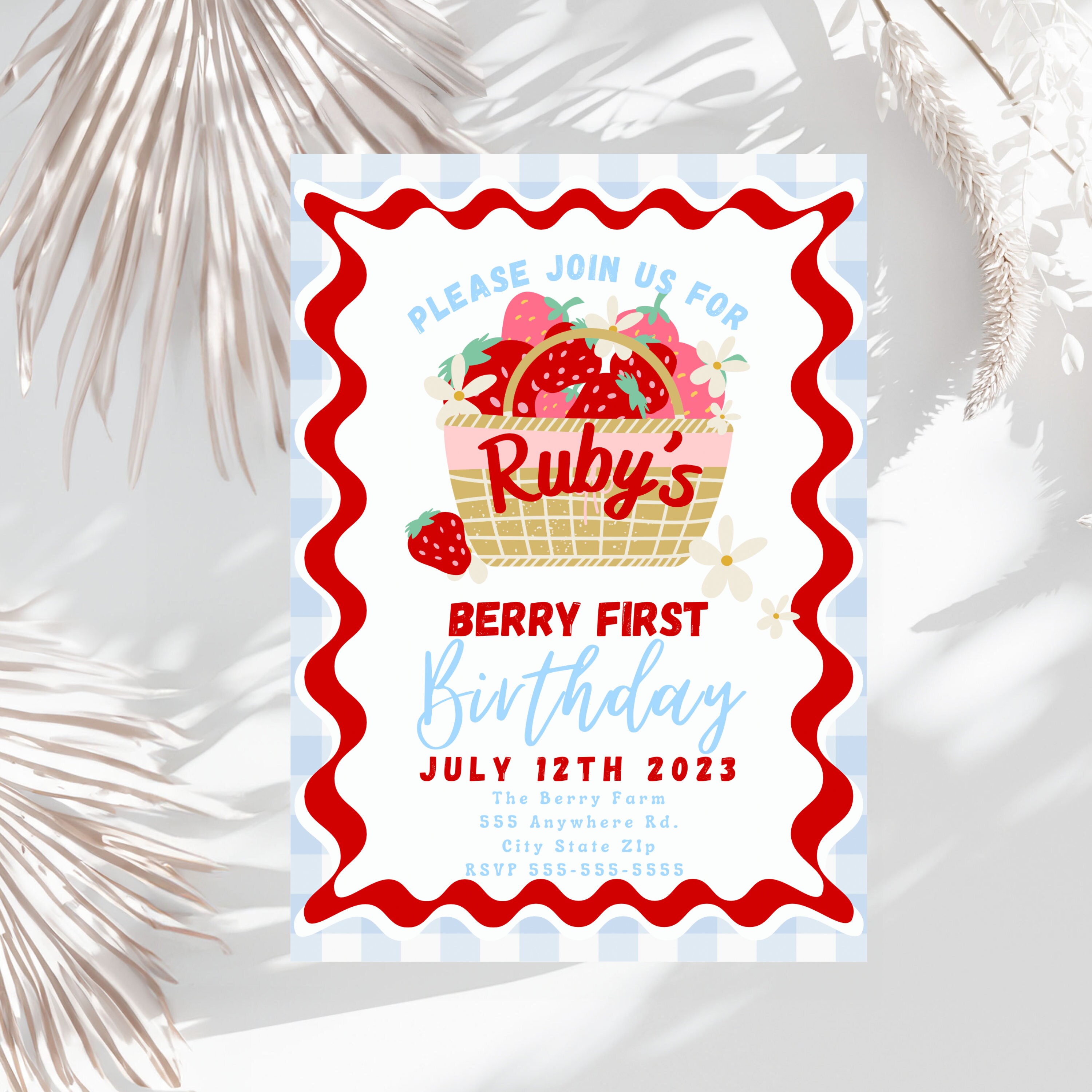 Editable Strawberry Birthday Invitation , Retro Wavy Berry Invitation ...
