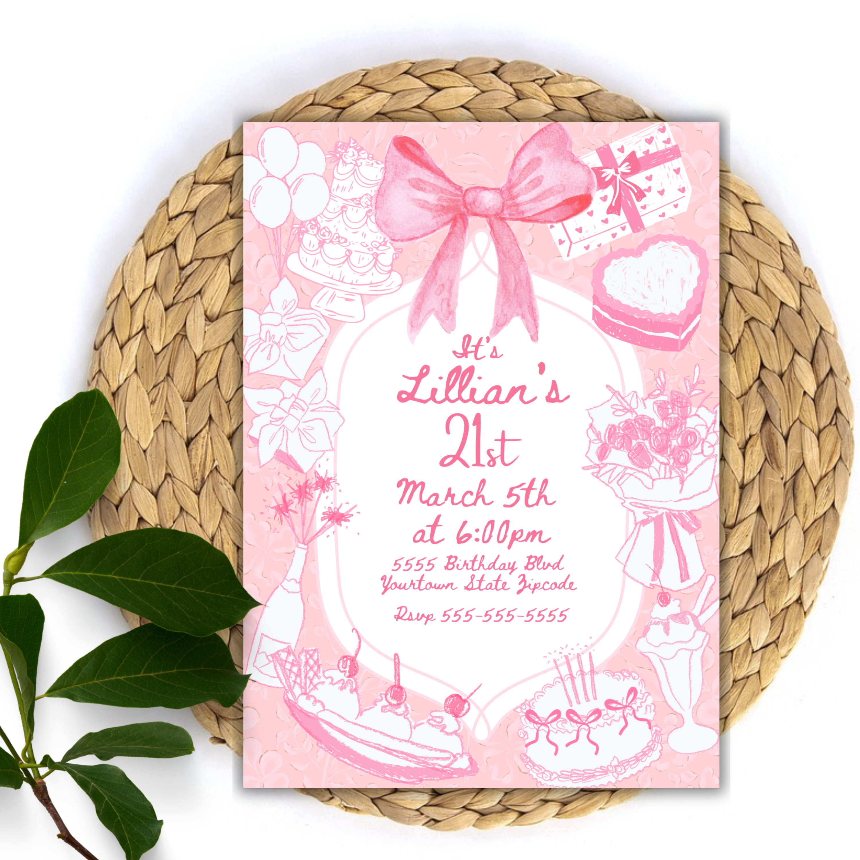 Editable Fancy Bow Invites, Cake and Champagne 21st Birthday. Bow Theme ...