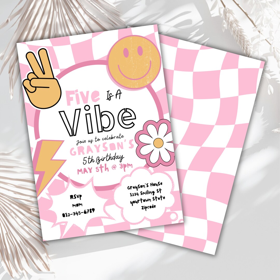 Editable Five a Vibe Invite Happy Face Cool Trendy 5th Birthday Party ...