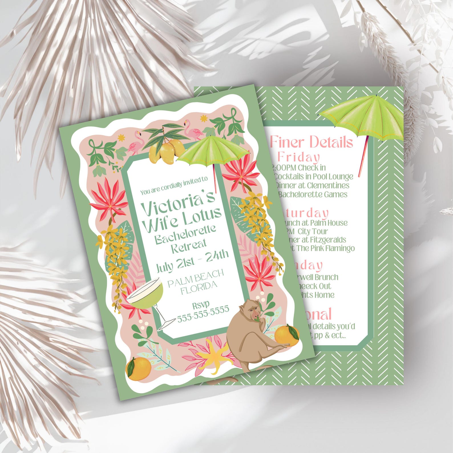 Editable Wife Lotus Bachelorette Resort Invite Beach Retro Flamingo ...