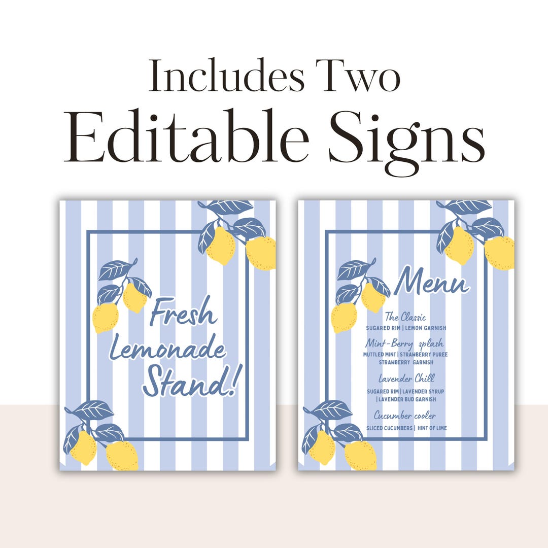 Editable Lemonade Stand Sign Menu Wedding Shower Lemonade Bar Favor ...