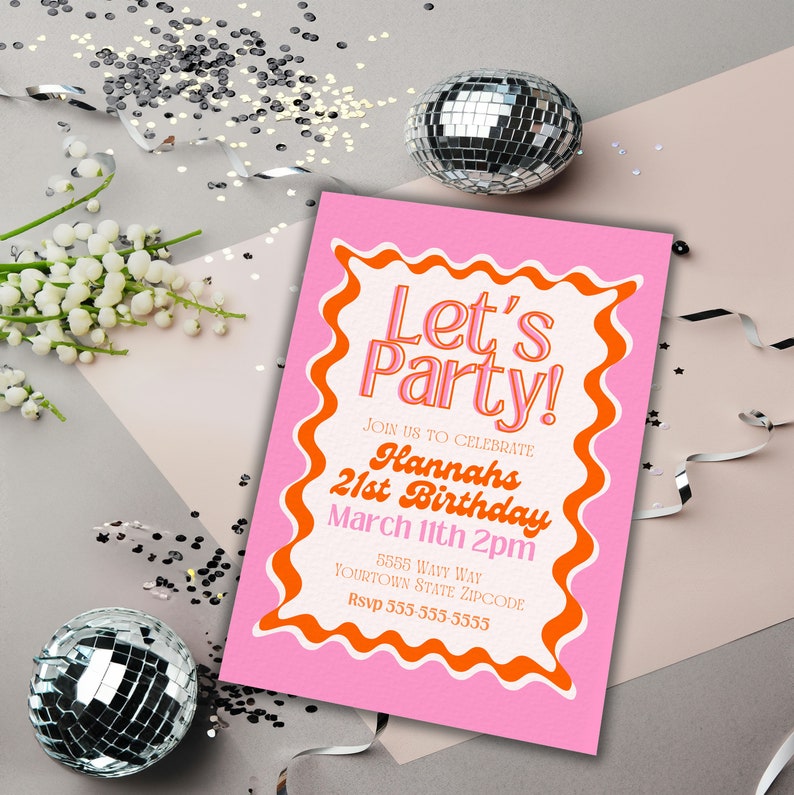 Editable Wavy Retro Invites, 70s Theme Invite , Wavy Birthday ...