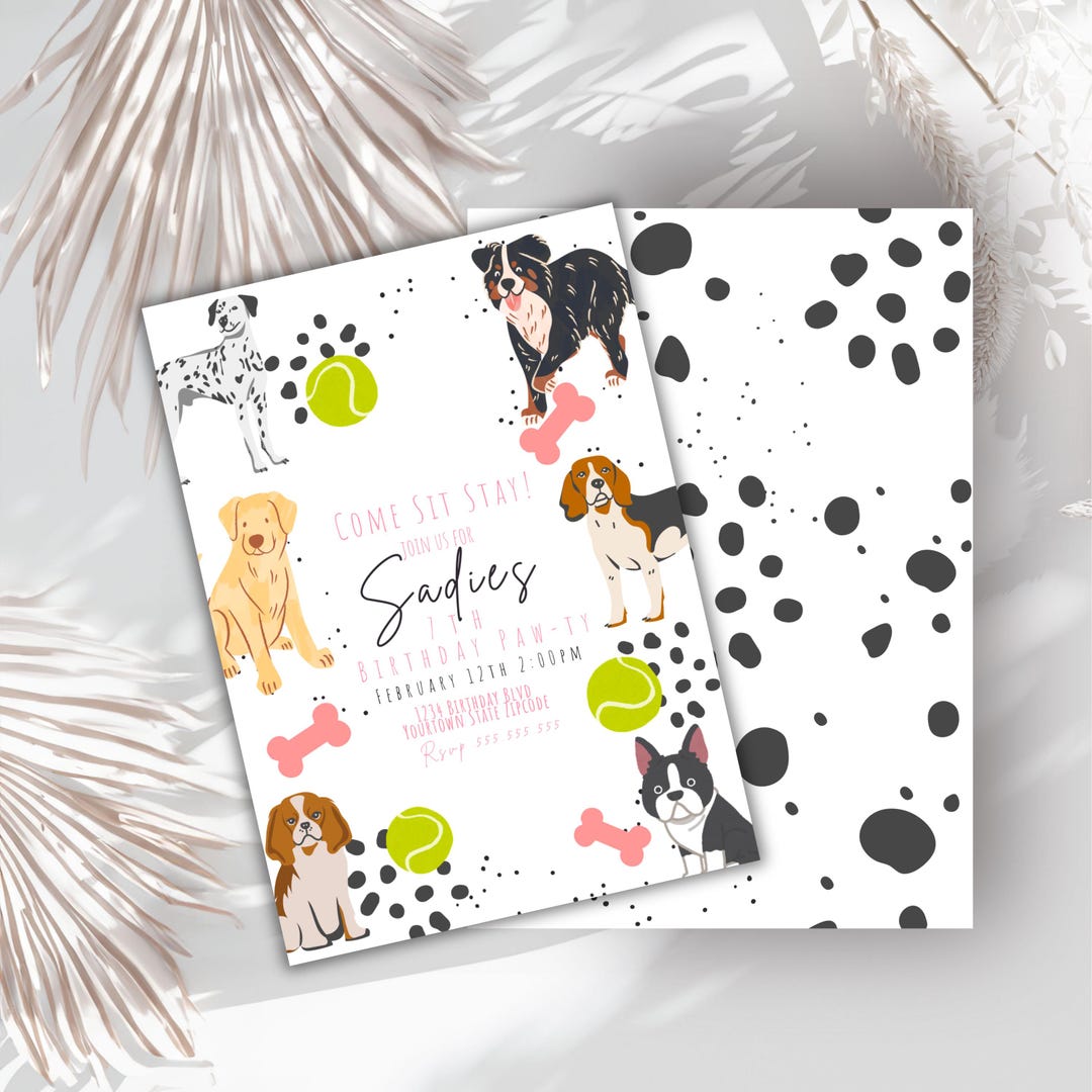 Editable Doggie Birthday Invitations Come Sit Stay Lets Pawty Doggy Its ...