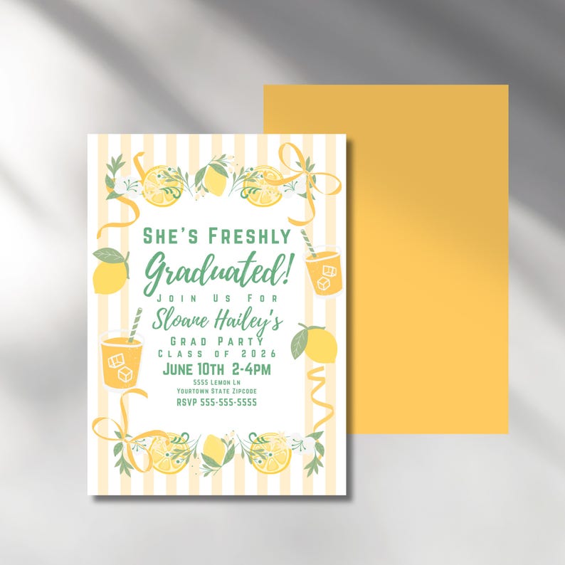 Digital Lemon Grad Party Invitation Freshly Graduated Lemon Graduation ...