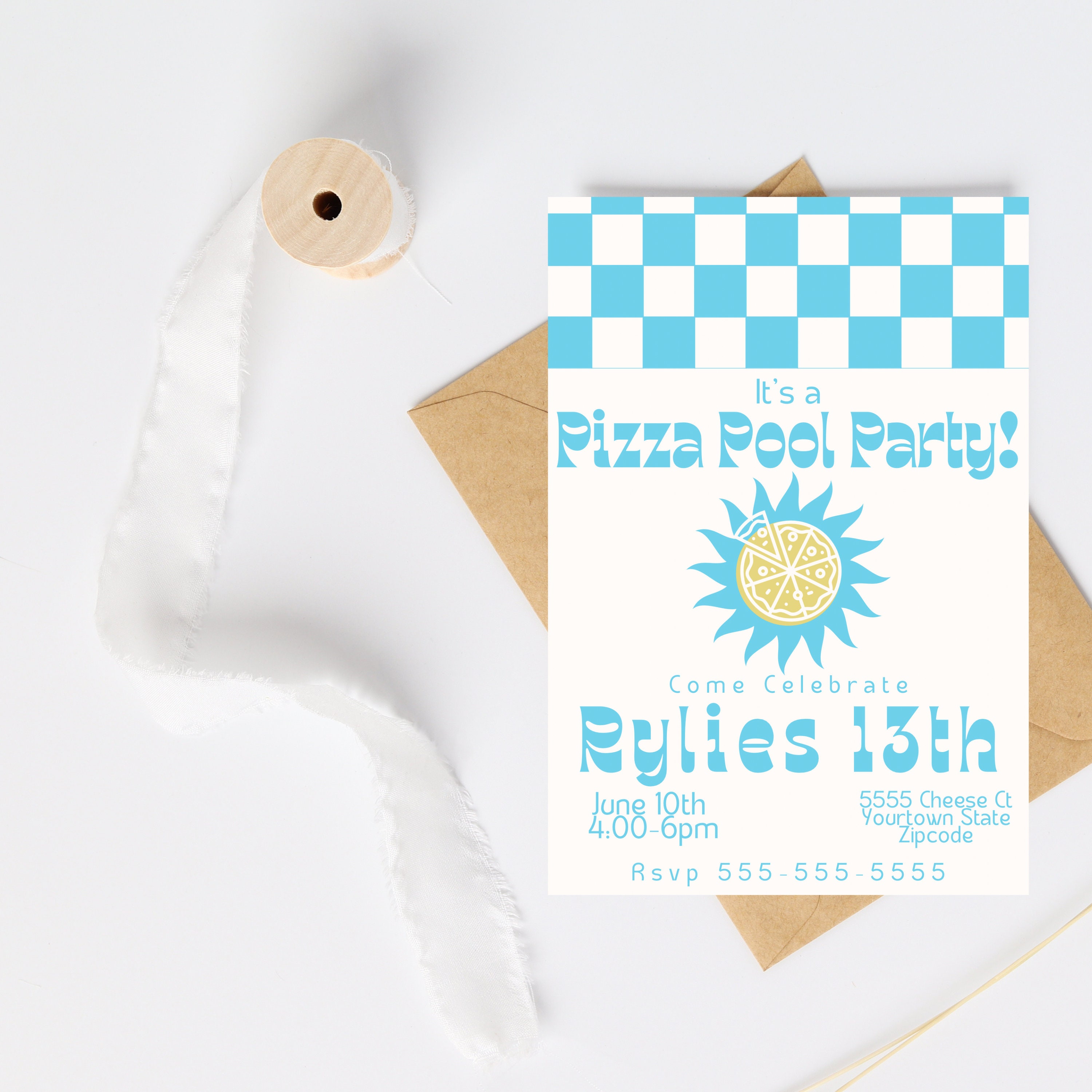 Editable Pizza Pool Party Invitation Retro Aqua Swimming Retro Preppy ...