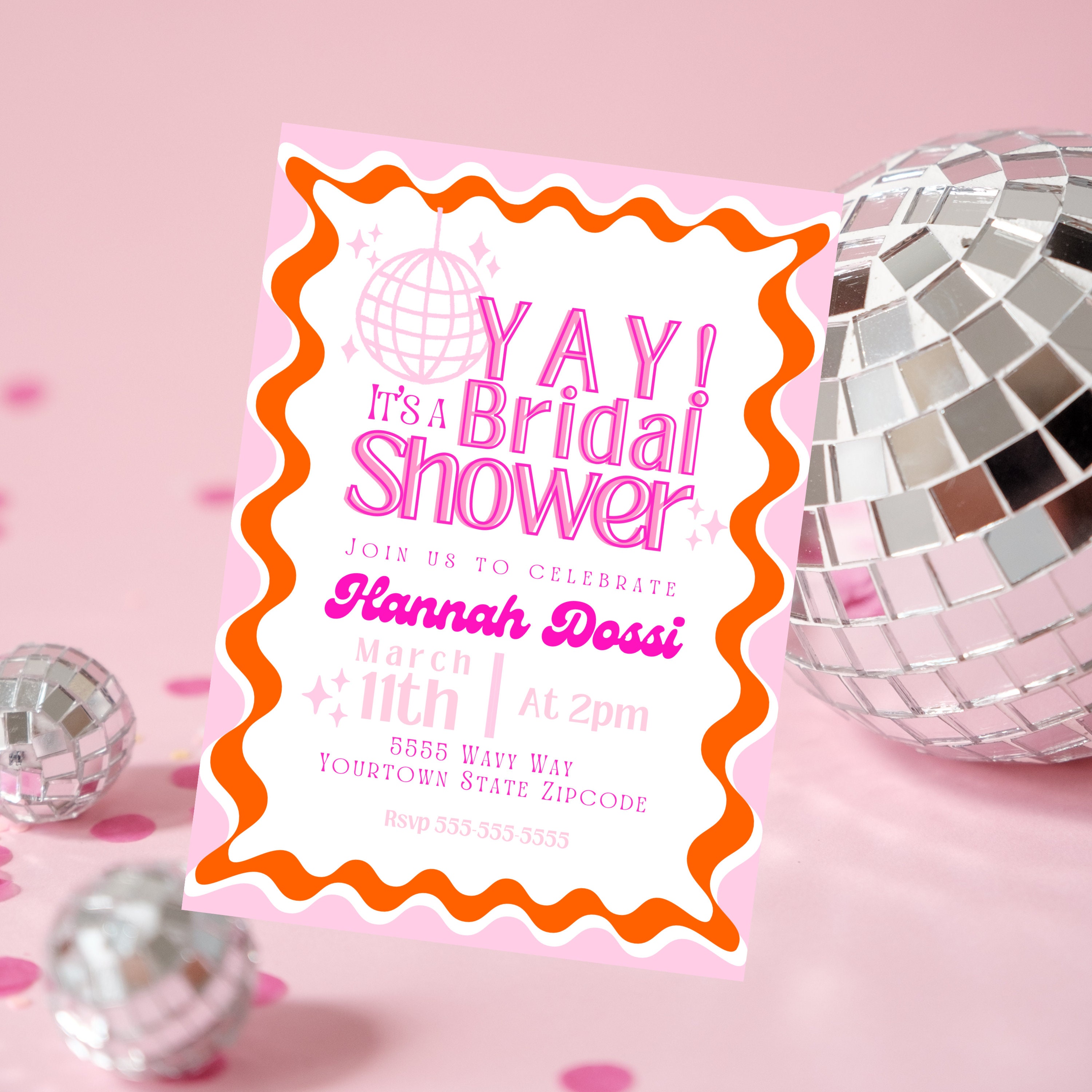 Editable Wavy Retro Disco Bridal Shower Invitation Disco Ball Bridal ...