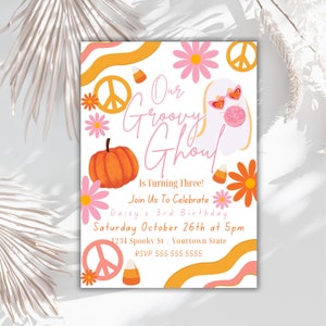 Editable Groovy Ghost Disco Birthday Invitation Halloween Ghoul 70s ...