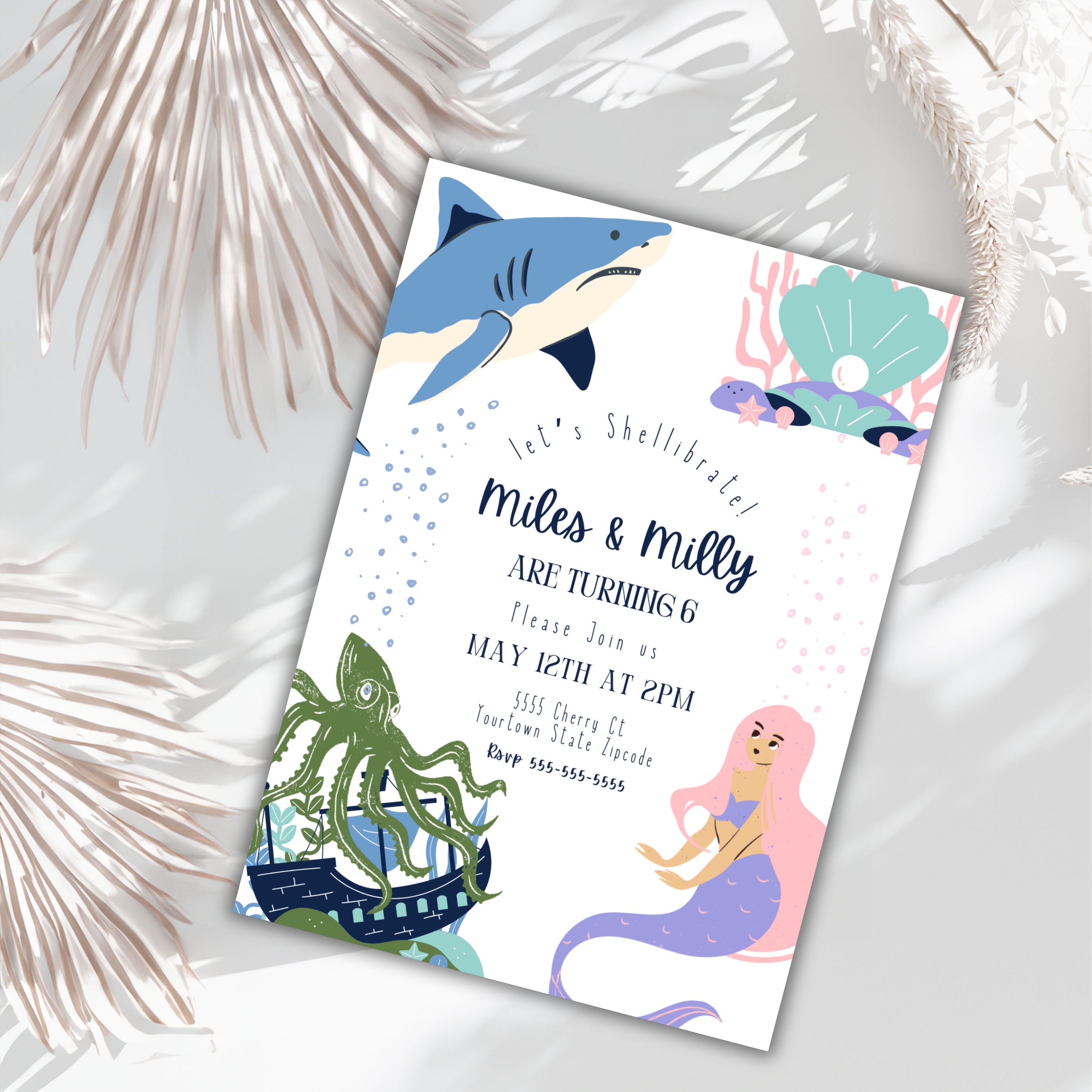 Editable Mermaid and Shark Invitations Under the Sea Party Ocean Theme ...