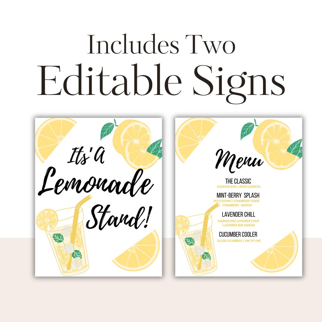 Editable Lemonade Stand Sign Menu Wedding Shower Lemonade Bar Favor ...