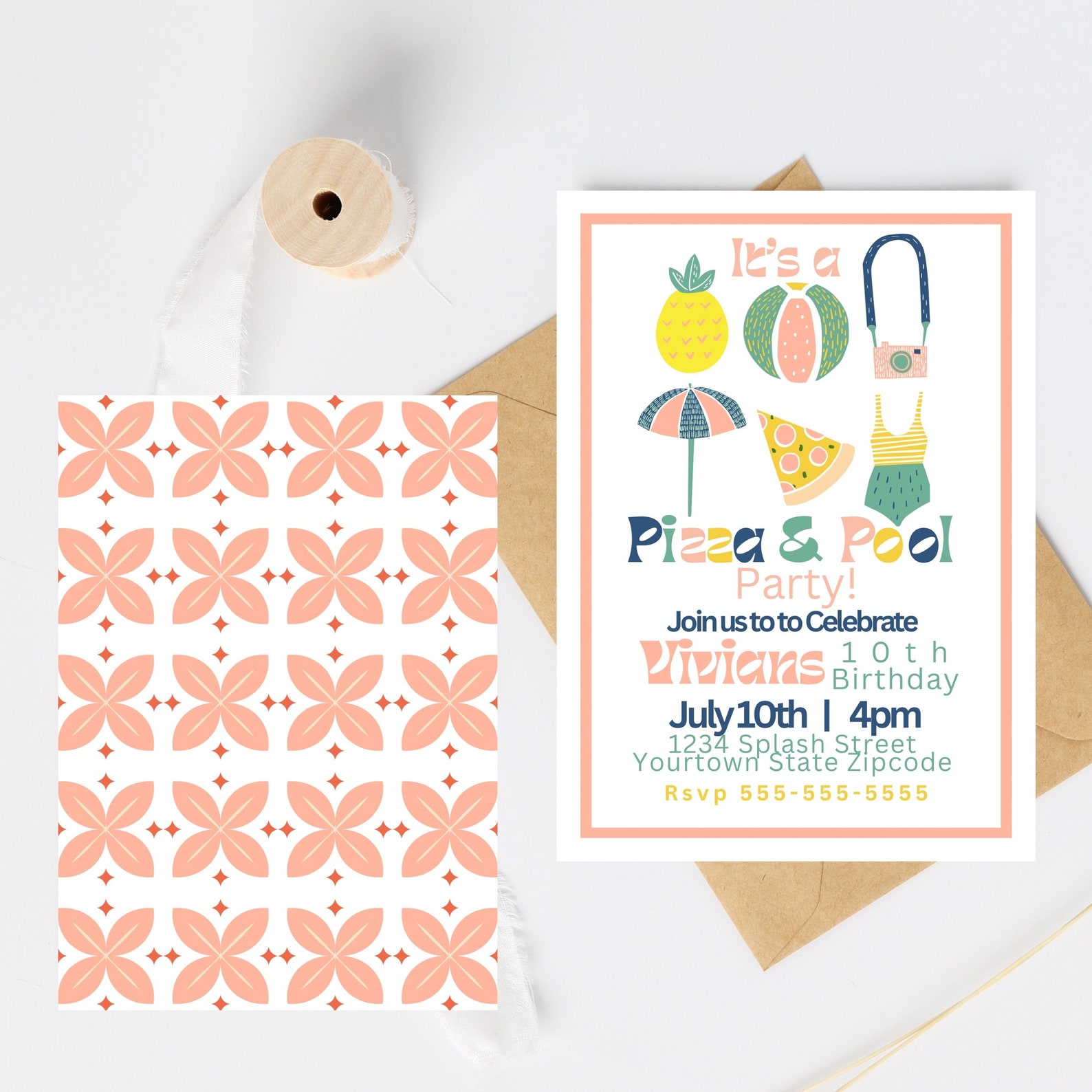 Editable Pizza Pool Party Invitation Retro Pink Swimming Retro Preppy ...