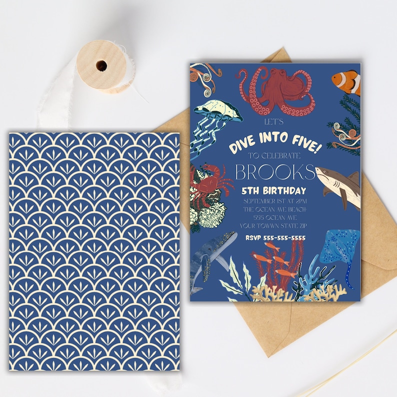 Dive Into Five Birthday Invitation: Ocean Sea Creature Party (digital ...