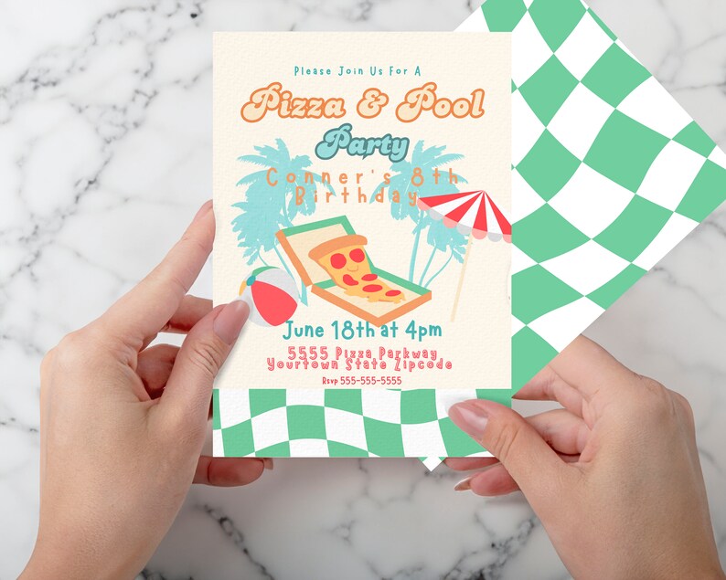 Editable Pizza Pool Party Invitation Retro Boys Swimming Retro Pizza ...