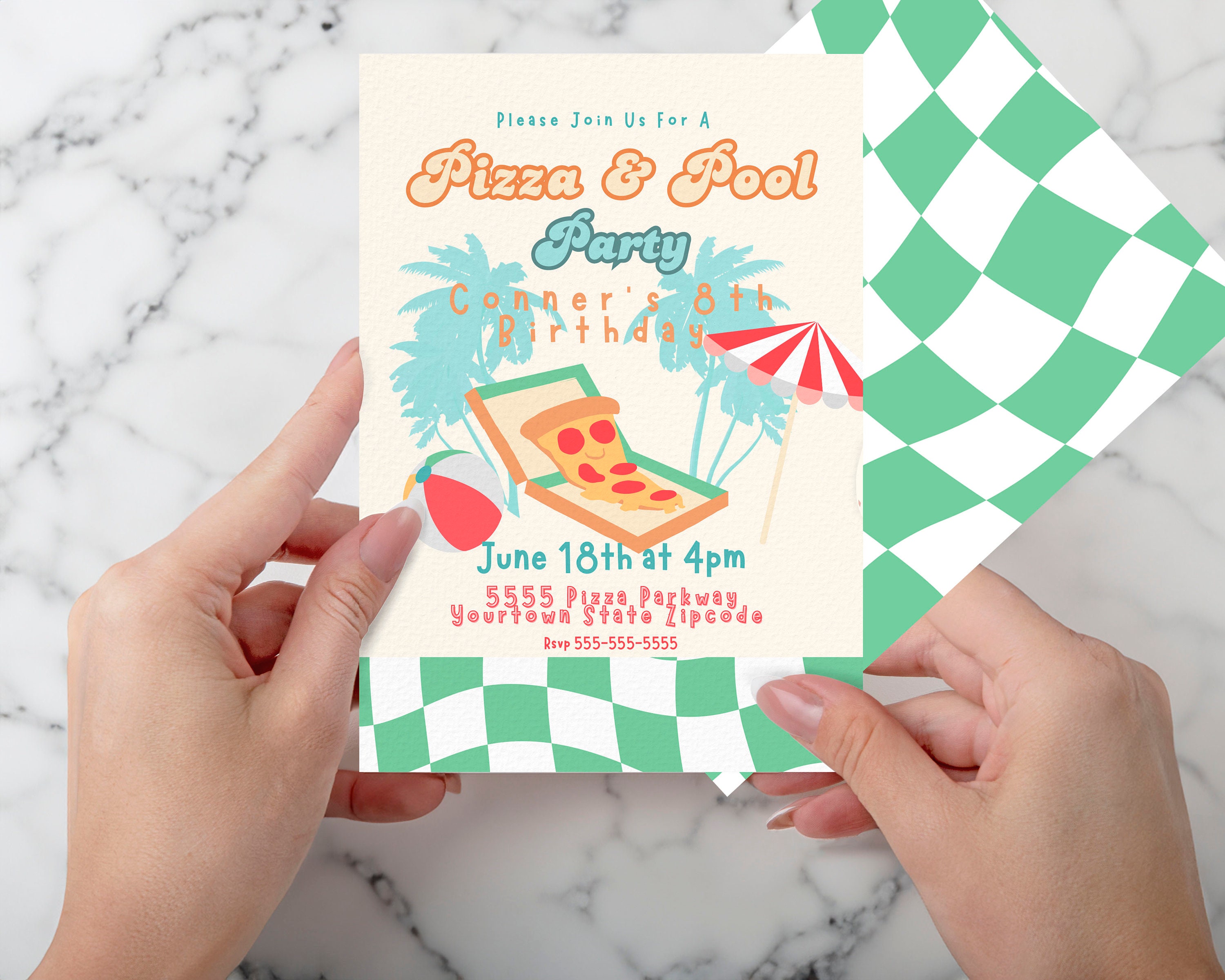 Editable Pizza Pool Party Invitation Retro Boys Swimming Retro Pizza ...