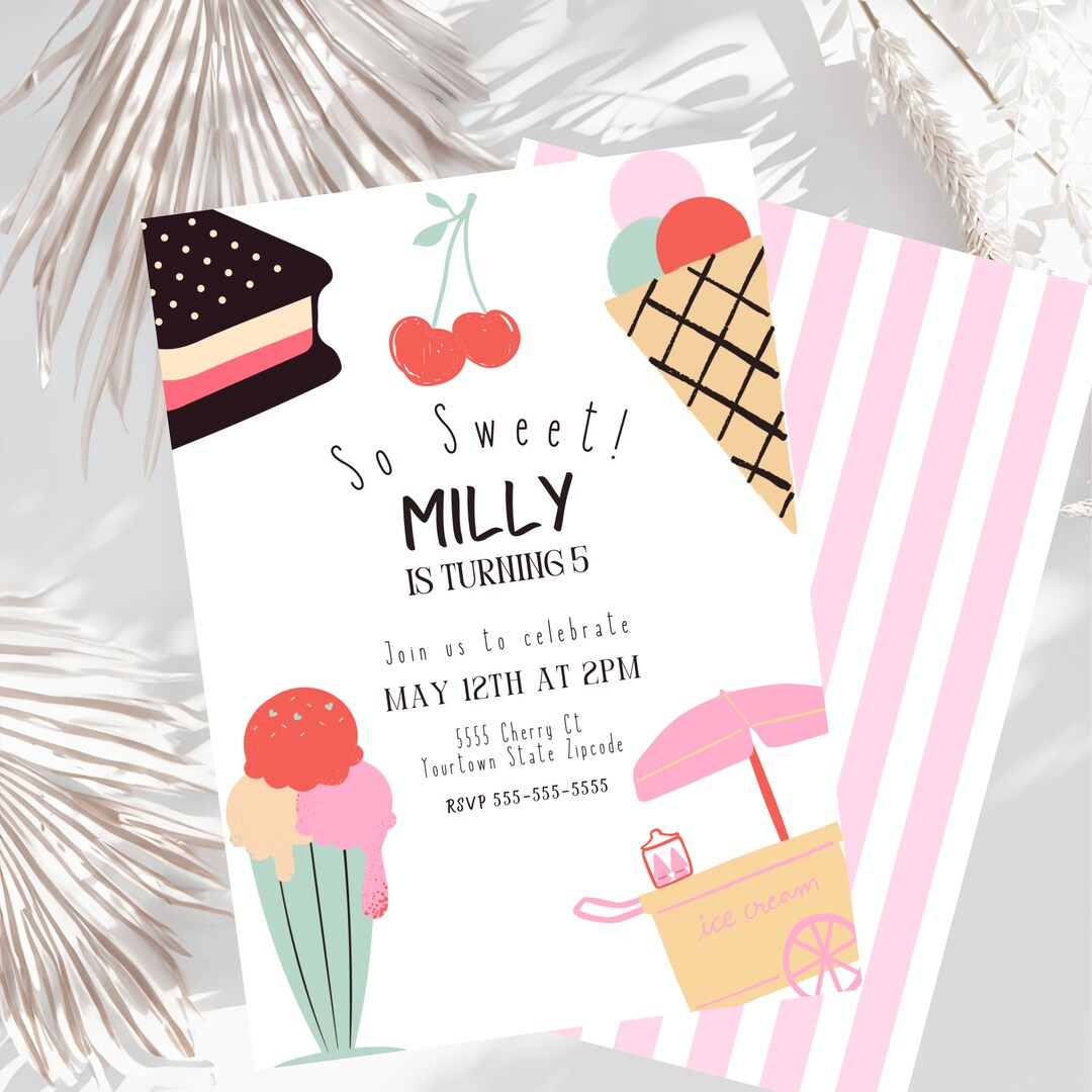 Editable Icecream Party Invitation Retro so Sweet Celebration Dessert ...