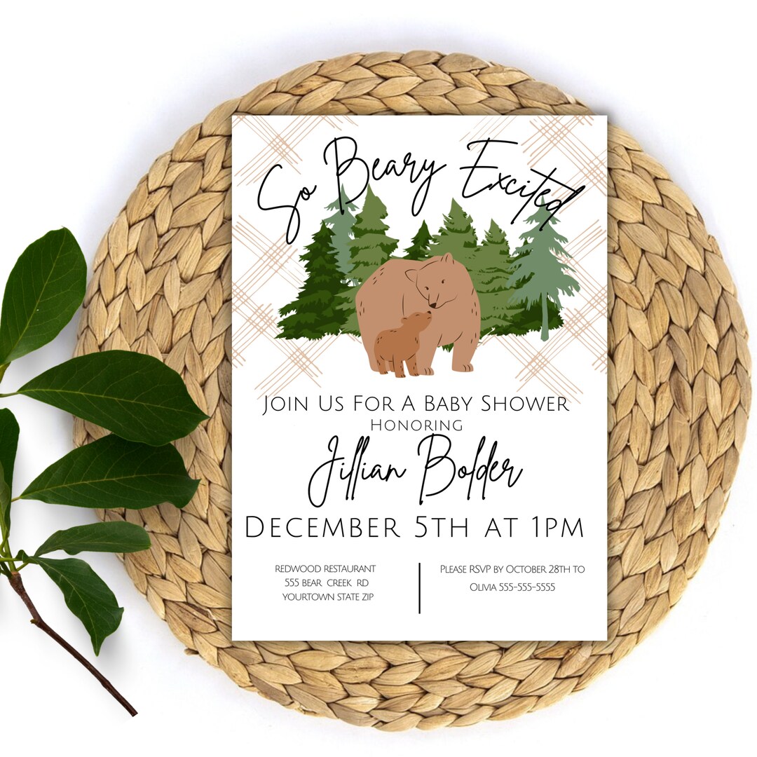 Editable Bear Theme Baby Shower, Modern Woodland Camping Baby Shower ...