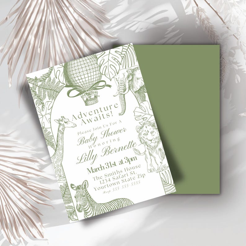 Editable Adventure Awaits Baby Shower Invite Themed Toile Wild Animal ...