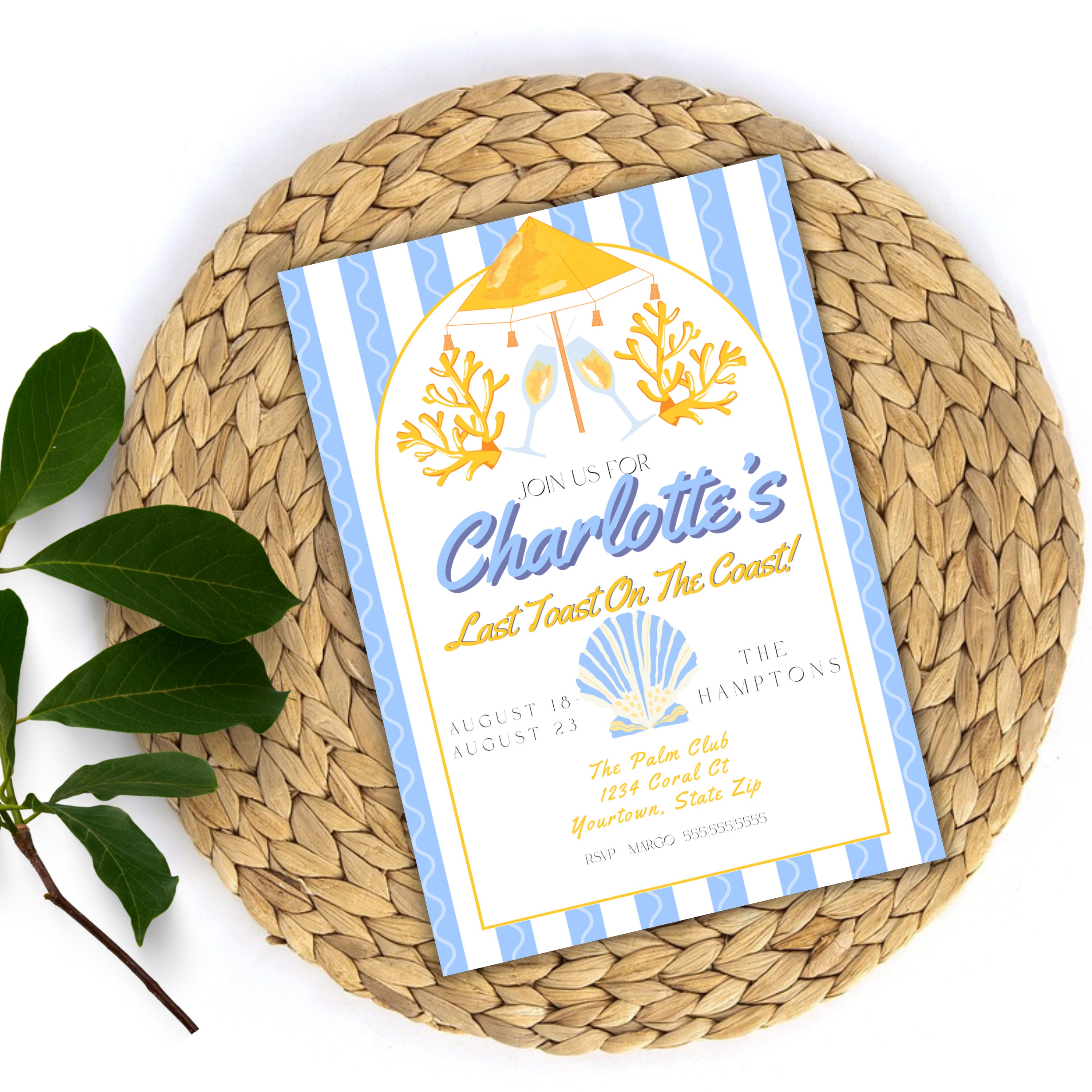 Editable- Coastal Bachelorette Invitation Set, Last Toast on the Coast ...